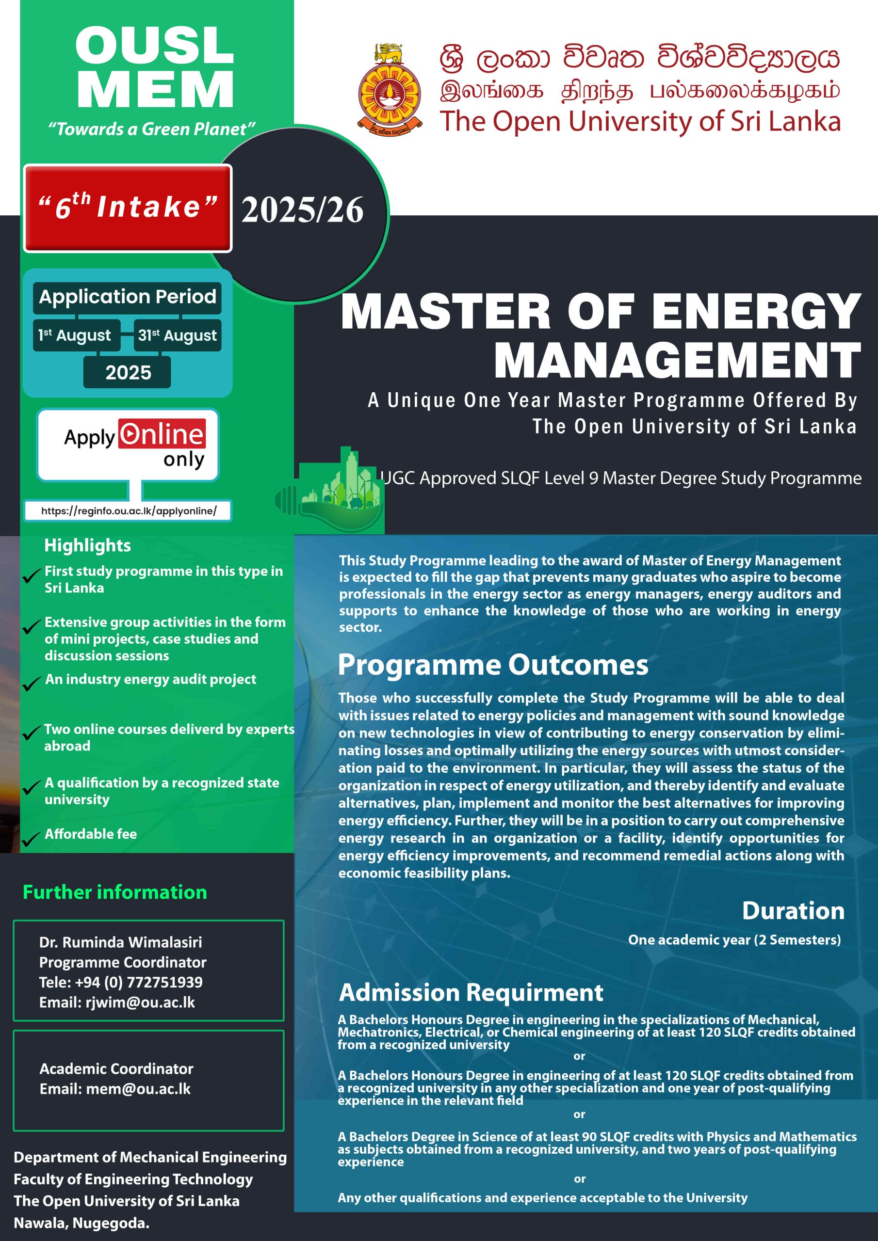 Master of Energy Management – The Open University of Sri Lanka