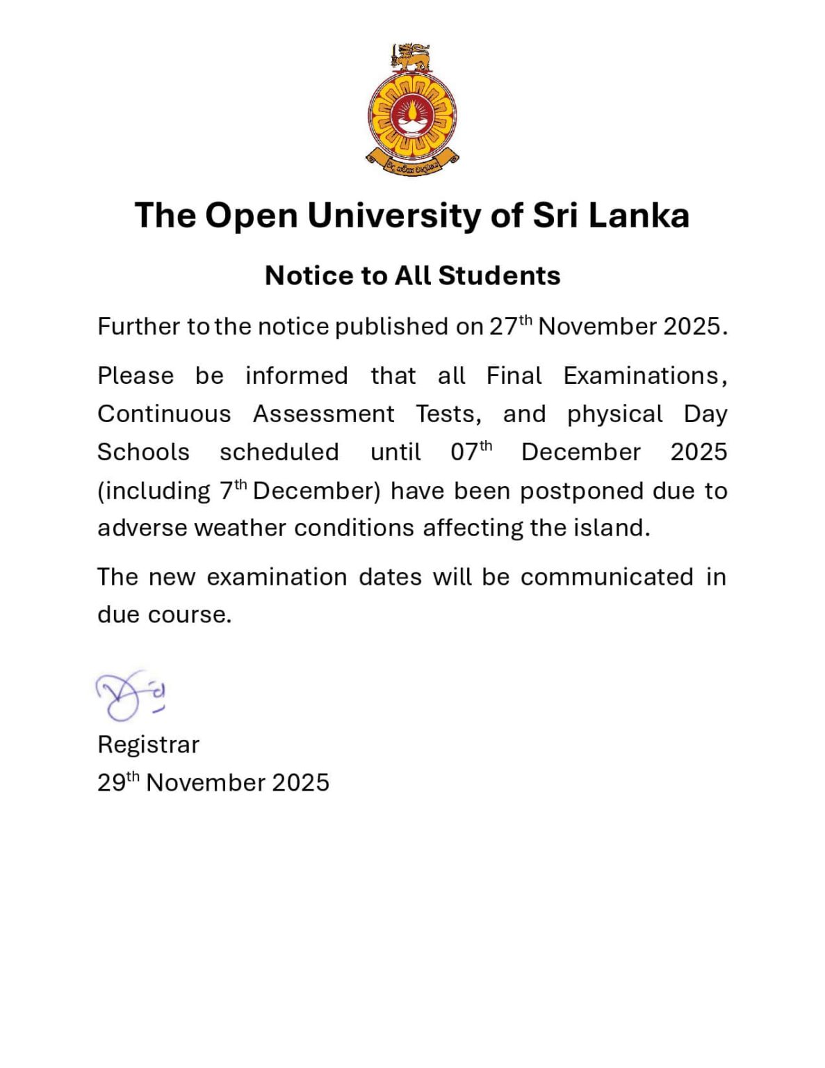 IMPORTANT NOTICE : Postponement of Day Schools and Examinations – The ...
