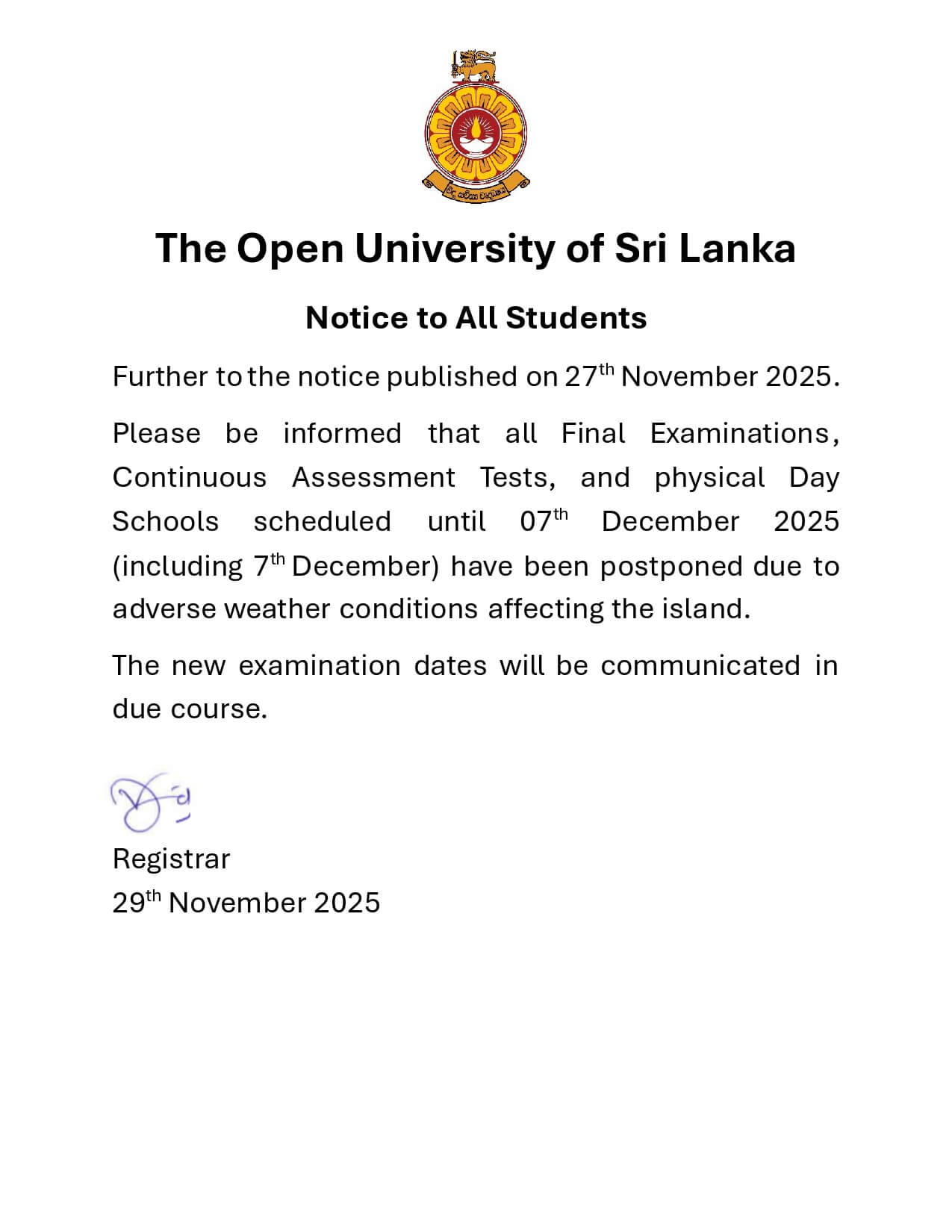 IMPORTANT NOTICE : Postponement of Day Schools and Examinations – The ...